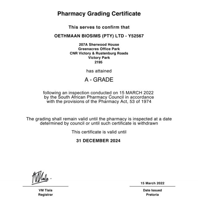 SAPC grading certificate – Oethmaan Biosims